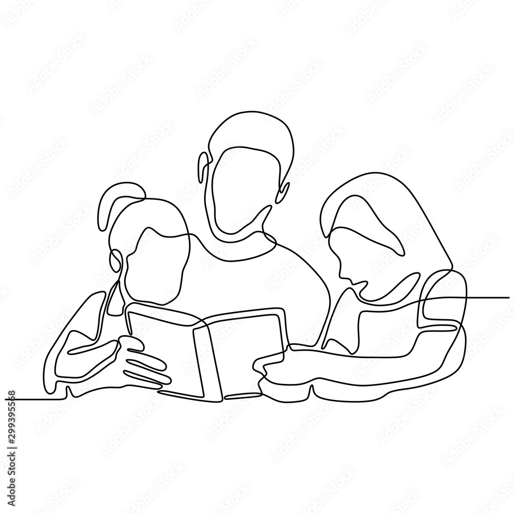 continuous line drawing of children read book minimalist vector ...