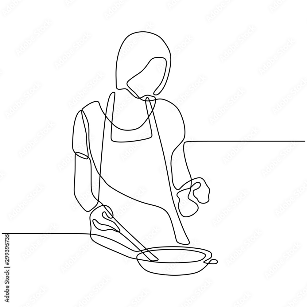 Awesome Girl cooking food continuous one line drawing vector ...