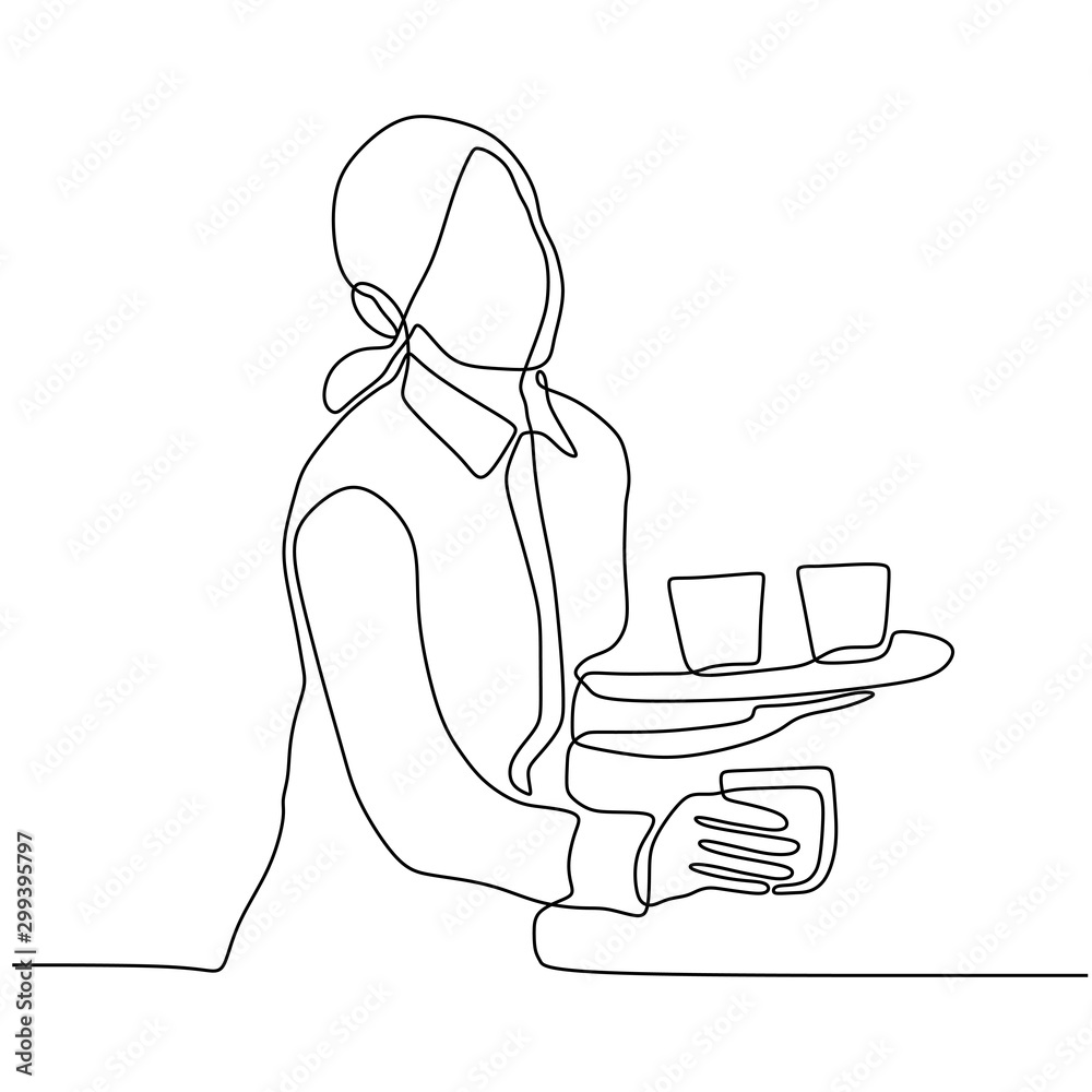 waitress holding a serving tray continuous one line drawing. Character ...
