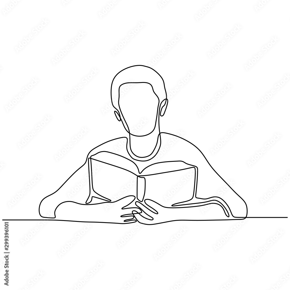 Continuous one line drawing teenager man reading book vector ...