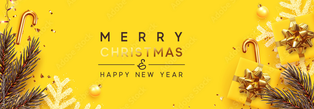 Holiday Christmas banner. Xmas design with realistic festive objects ...