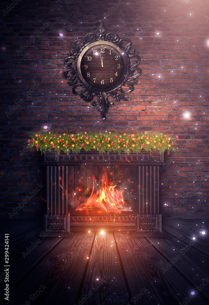 Dark room with brick walls. Wooden fireplace, a fire burns. Interior ...