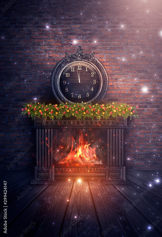 Dark room with brick walls. Wooden fireplace, a fire burns. Interior ...