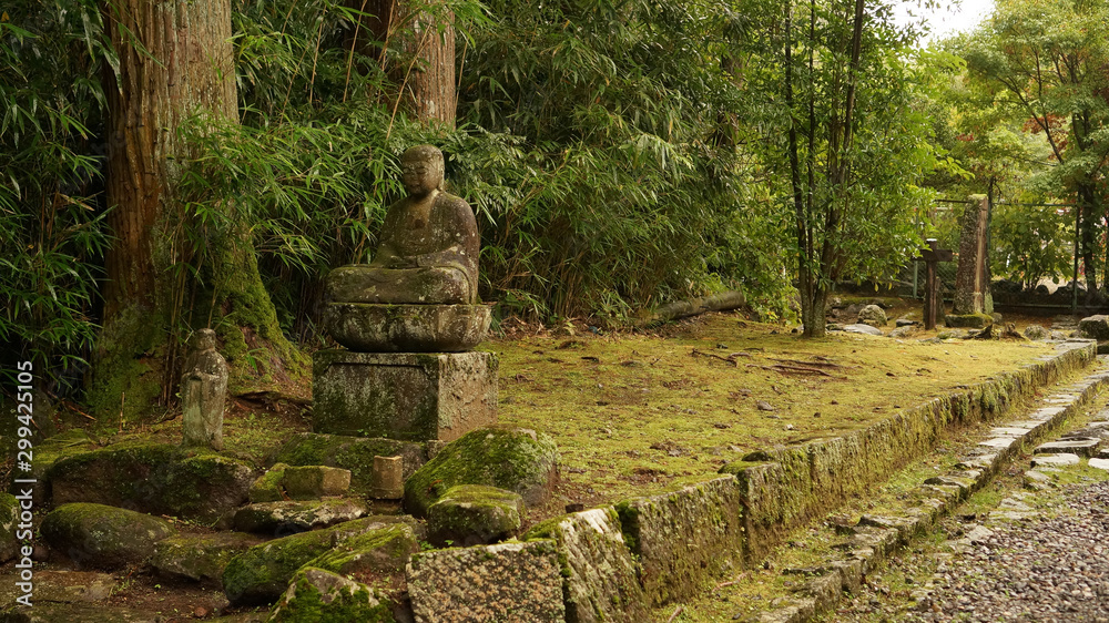 Old buddhist statue overgrown with moss in the forest during a rainy ...