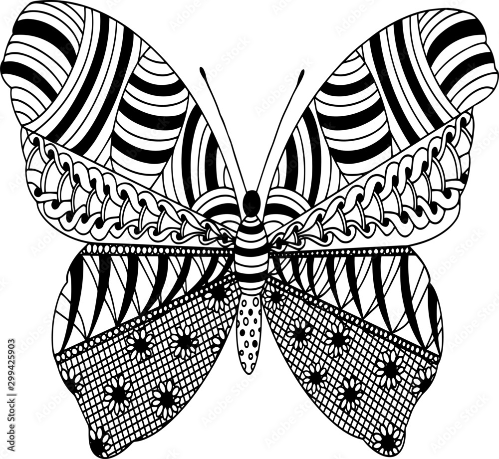 Vector coloring page with butterfly from zentangle patterns ...