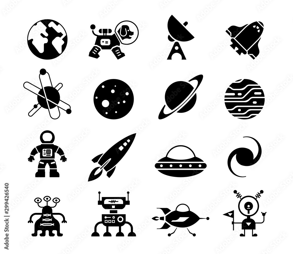 Set of space icons. Illustration of various space elements. Pictograms ...