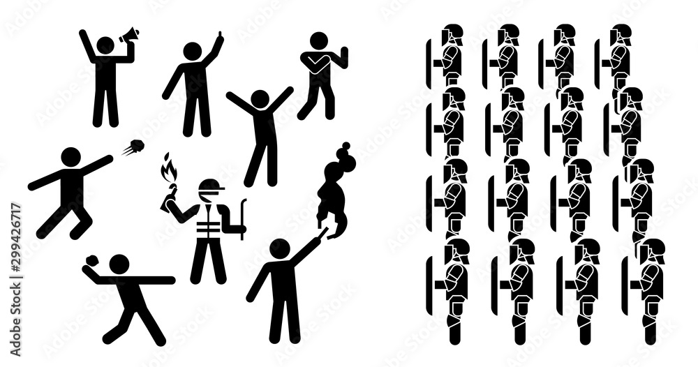 Vetor de Set of icons that represent confrontation between police and ...
