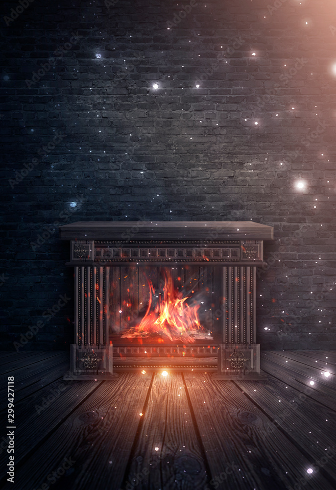 Dark room with a wooden fireplace, a fire burns. Old brick walls, neon ...