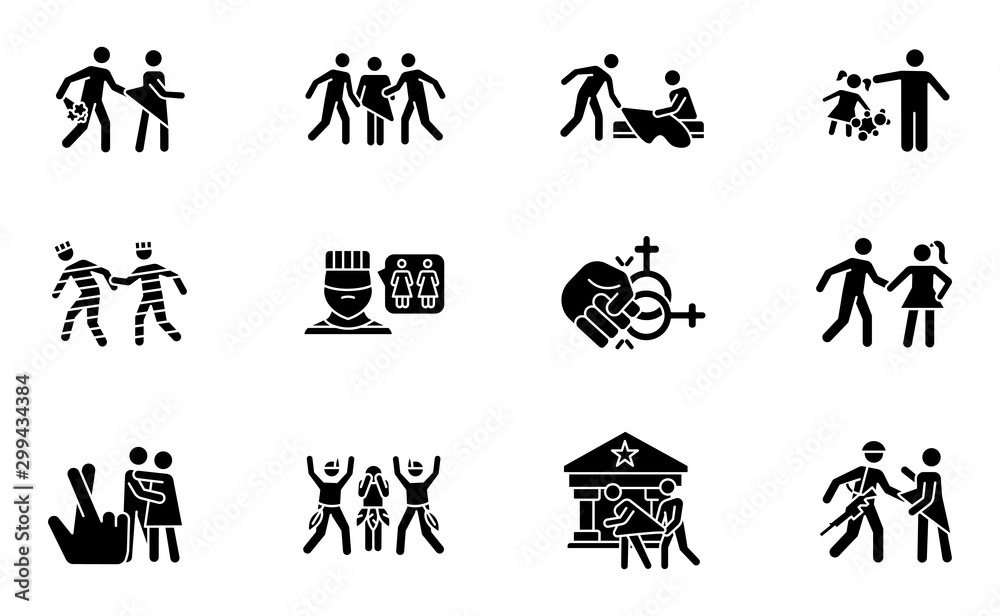 Different rape types glyph icons set. Date, statutory, children and ...