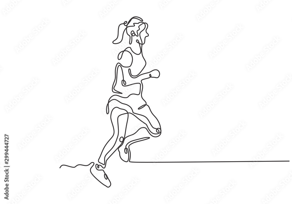 Continuous one line drawing of girl doing sport. Woman running on ...