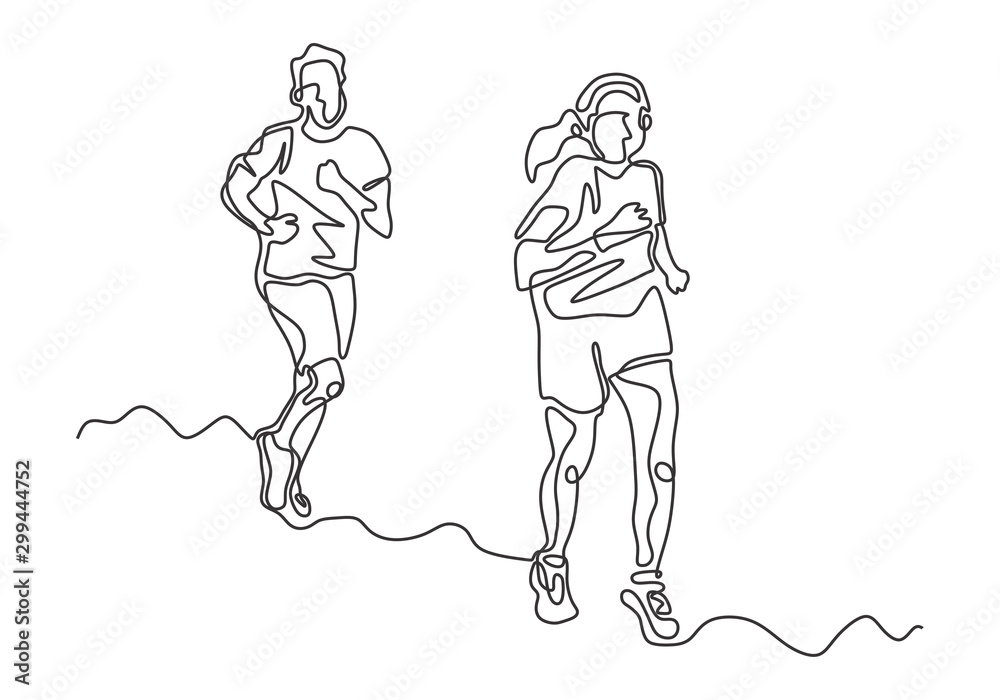 Continuous one line drawing of man and girl running. Concept of couple ...