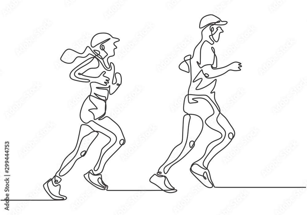 Continuous one line drawing of man and girl running. Concept of couple ...
