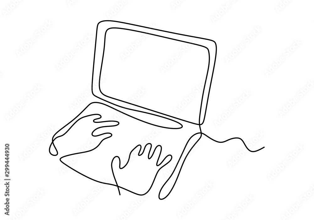 continuous line drawing of hands typing on laptop computer. Single one ...