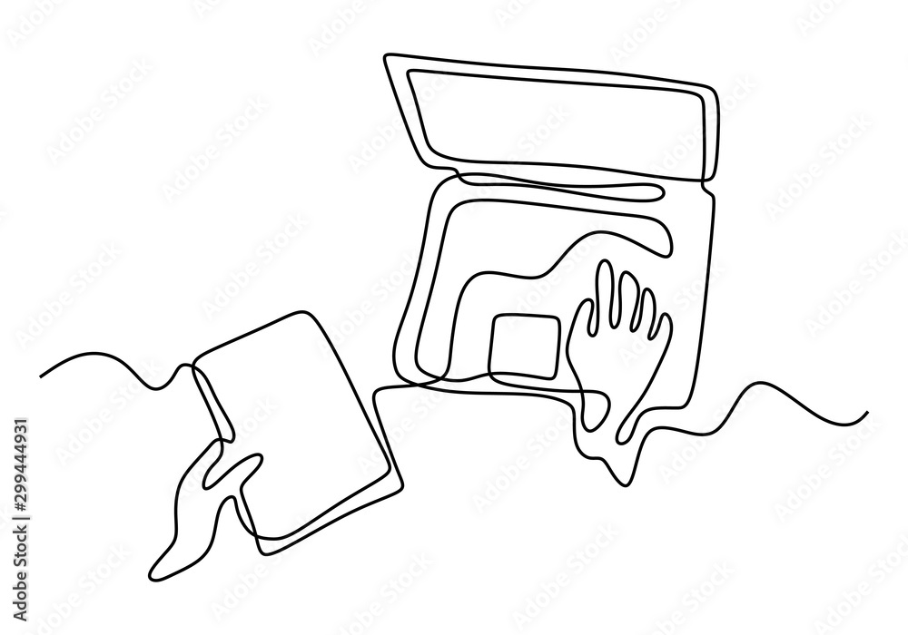 continuous line drawing of hands typing on laptop computer. Single one ...