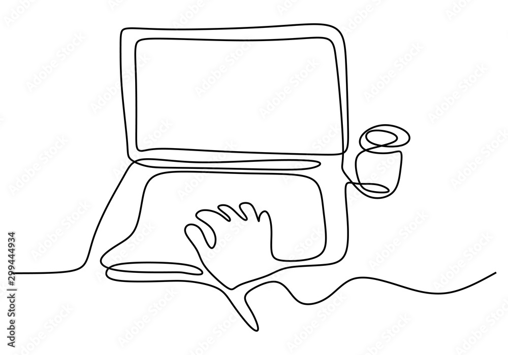 continuous line drawing of hands typing on laptop computer. Single one ...