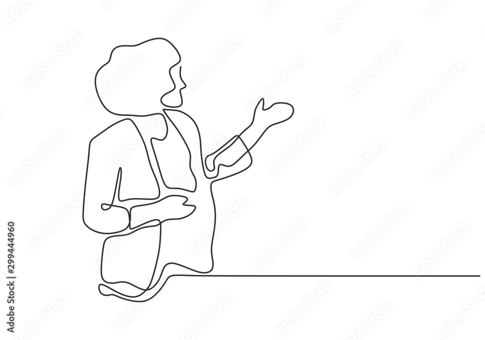 Continuous one line drawing of girl standing giving a speech with a ...