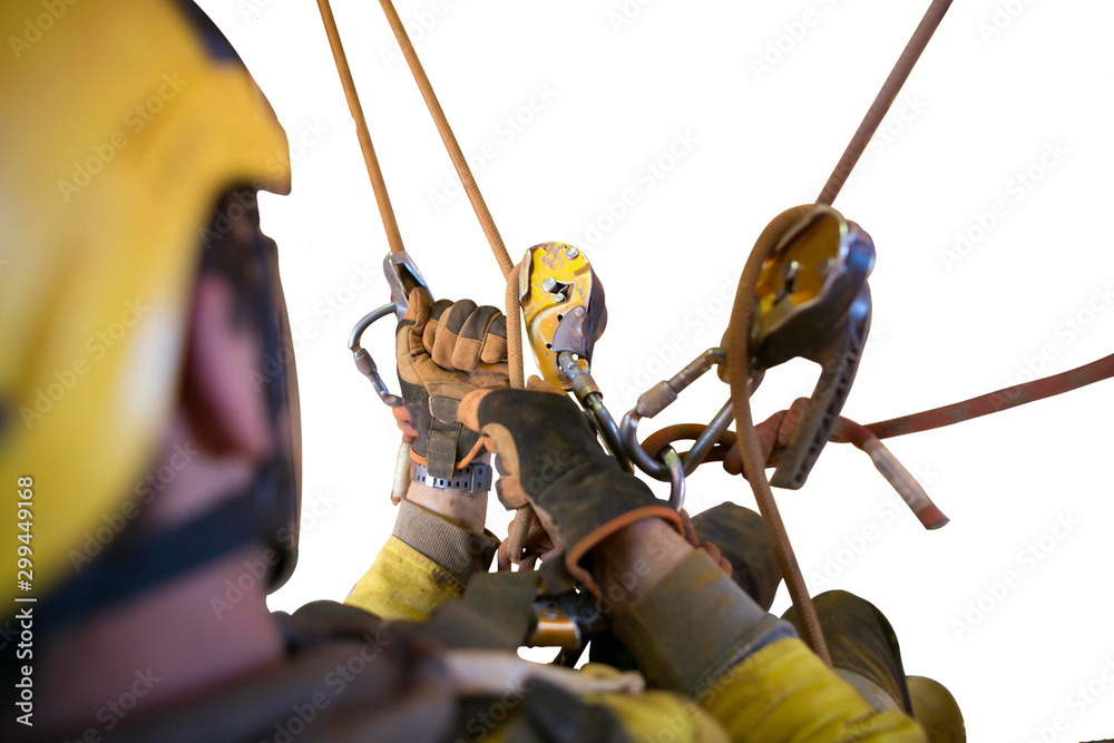 Defocused of rope access miner worker wearing safety fall protection ...