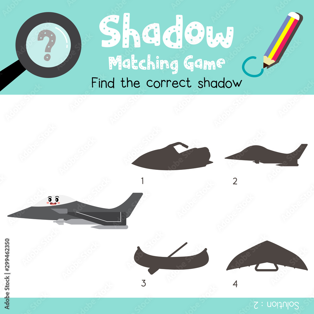 Shadow matching game Jet Fighter cartoon character side view vector ...