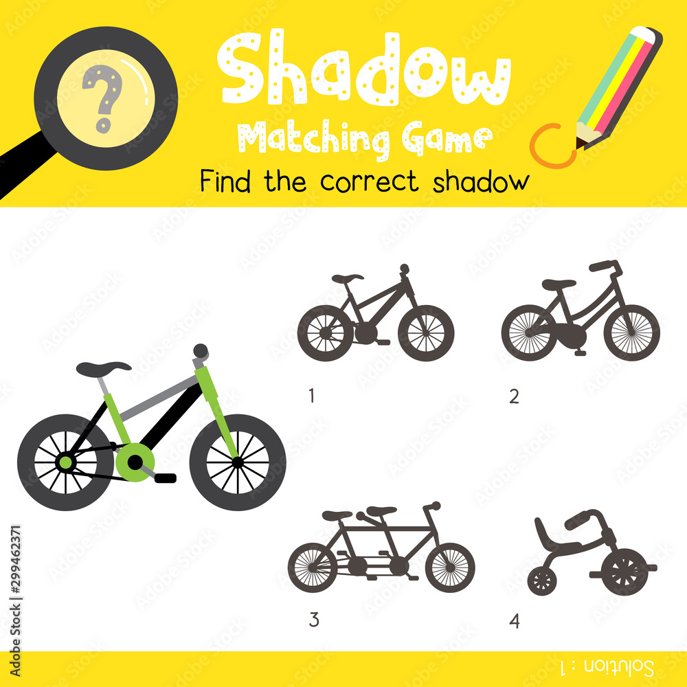 Shadow matching game Mountain Bike cartoon character side view vector ...