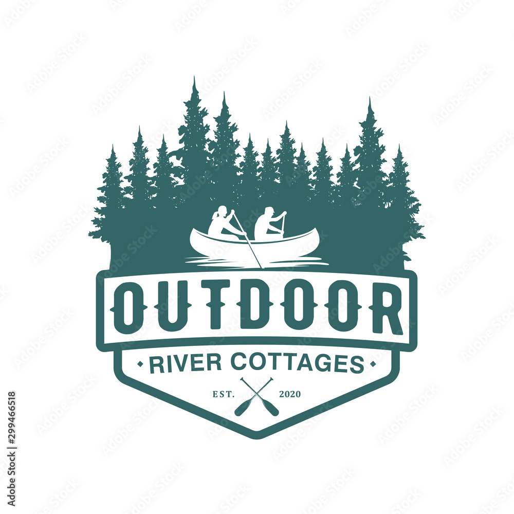 Logo outdoor adventure using a canoe boat in a natural forest river ...