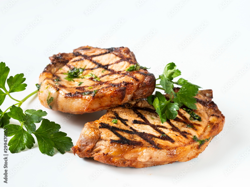 Grill restaurant meat menu-grilled pork chops. Isolate. Stock Photo ...