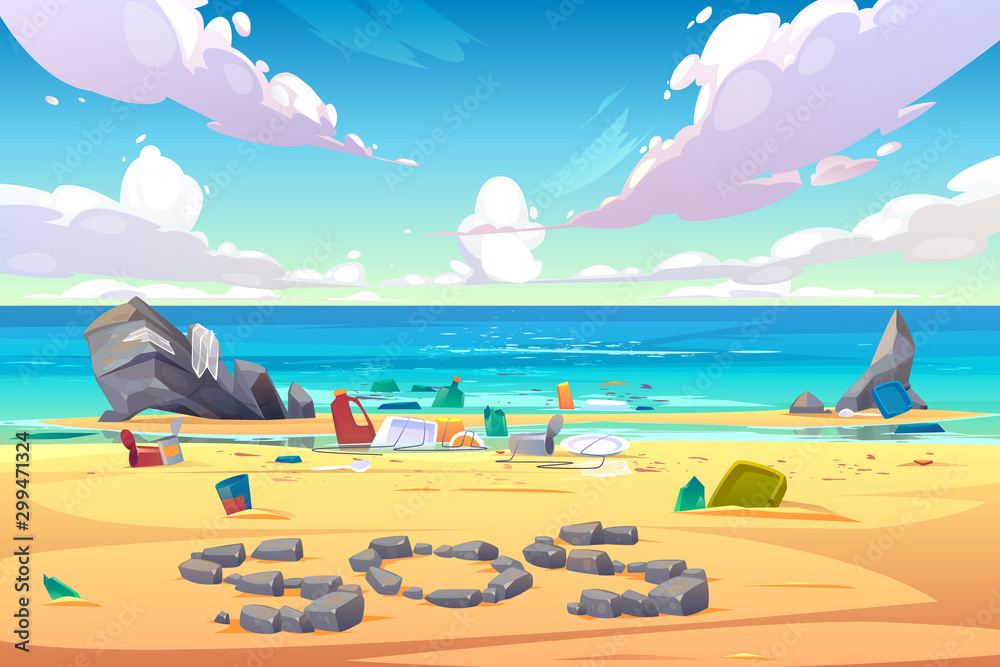 Ocean pollution, trash on beach. Dirty polluted seaside covered with ...