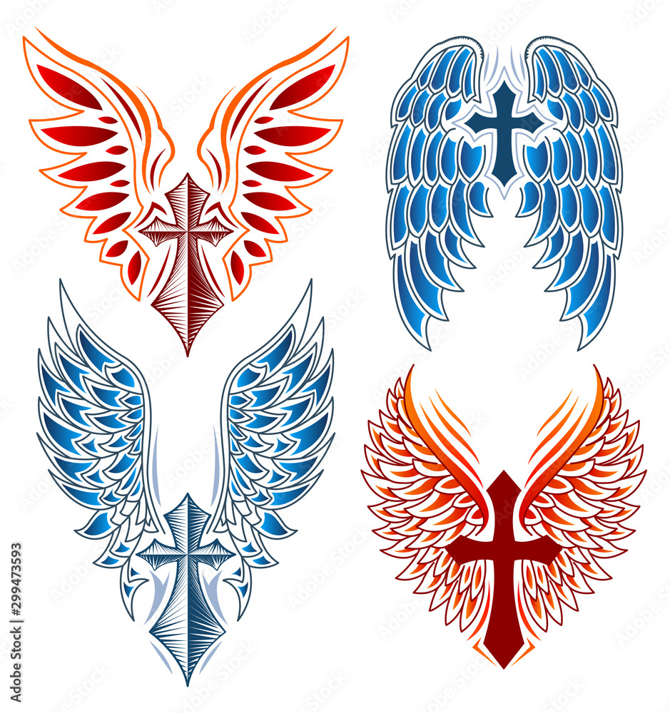 Cross and Wings vector set, Heraldry Tattoo Style elements. Stock ...