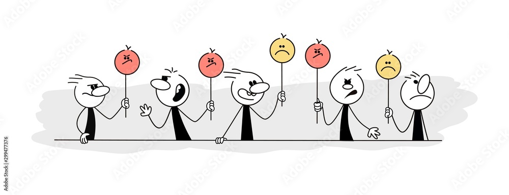 Doodle stick figure: Cartoon people holding smiley face symbol. Hand ...