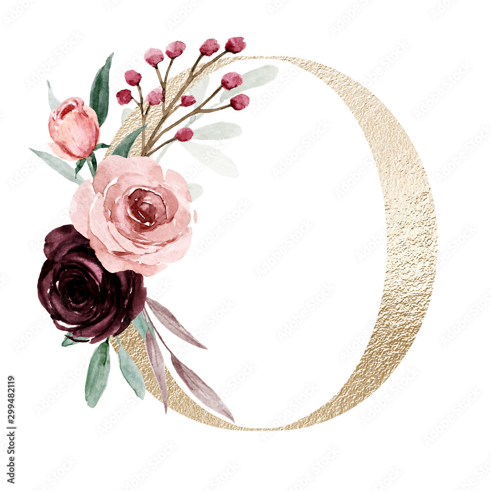 Floral alphabet, letter O with watercolor flowers and leaf. Gold ...