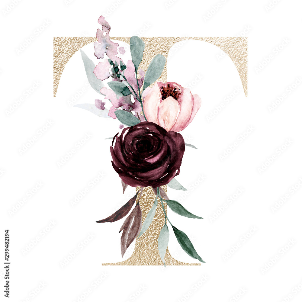 Floral alphabet, letter T with watercolor flowers and leaf. Gold ...