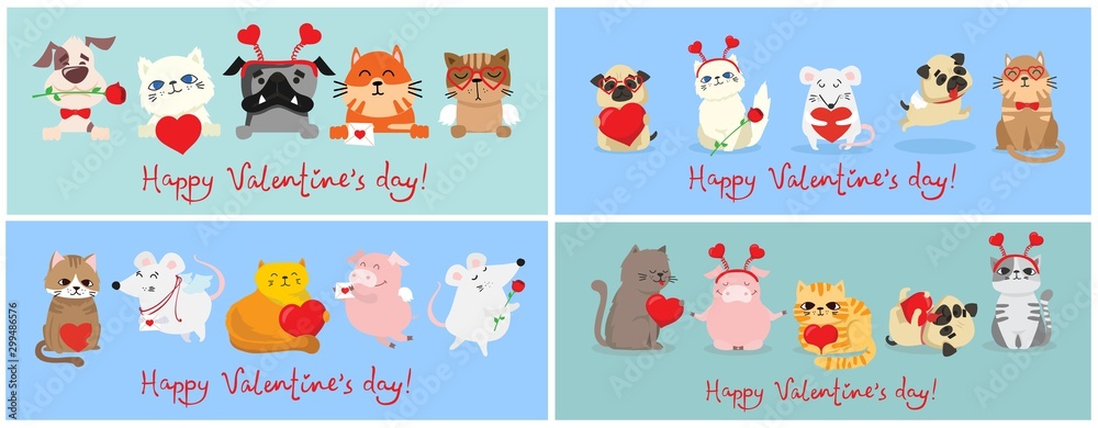 Vector illustration card with cute cartoon little Valentine cats, dogs ...