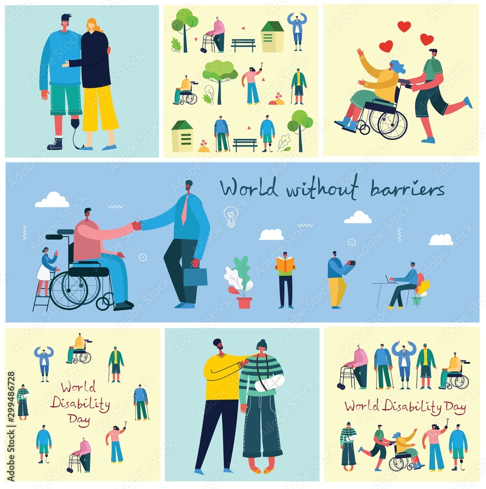 Vector backgrounds with disabled people, young invalid persons and men ...