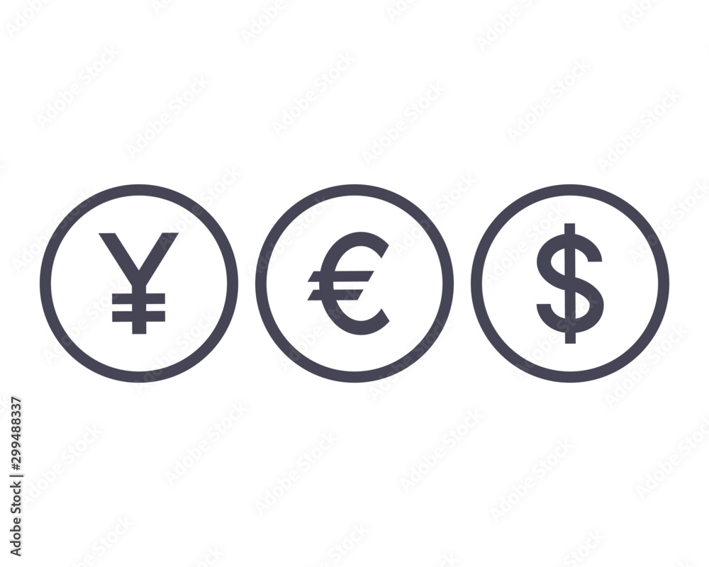 Word YES with monochrome currency icons. Yen, Euro, Dollar symbols ...