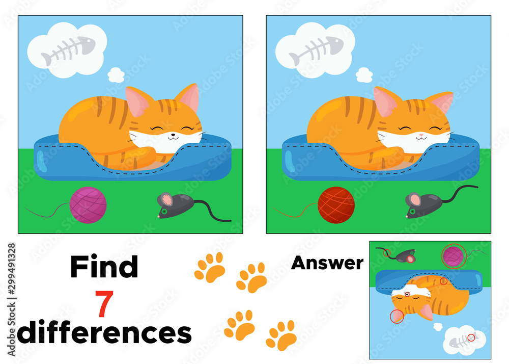 Educational game for children. Find seven differences. Cat sleep and ...