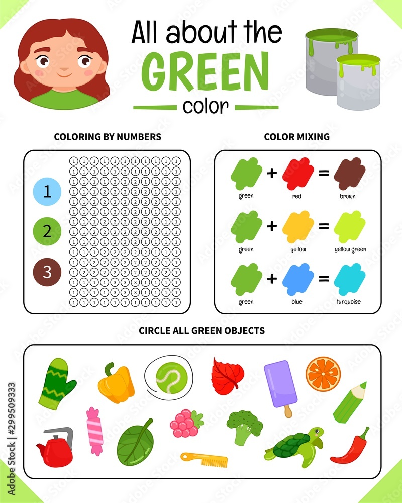 Kids learning material. Worksheet for learning colors. Green color ...