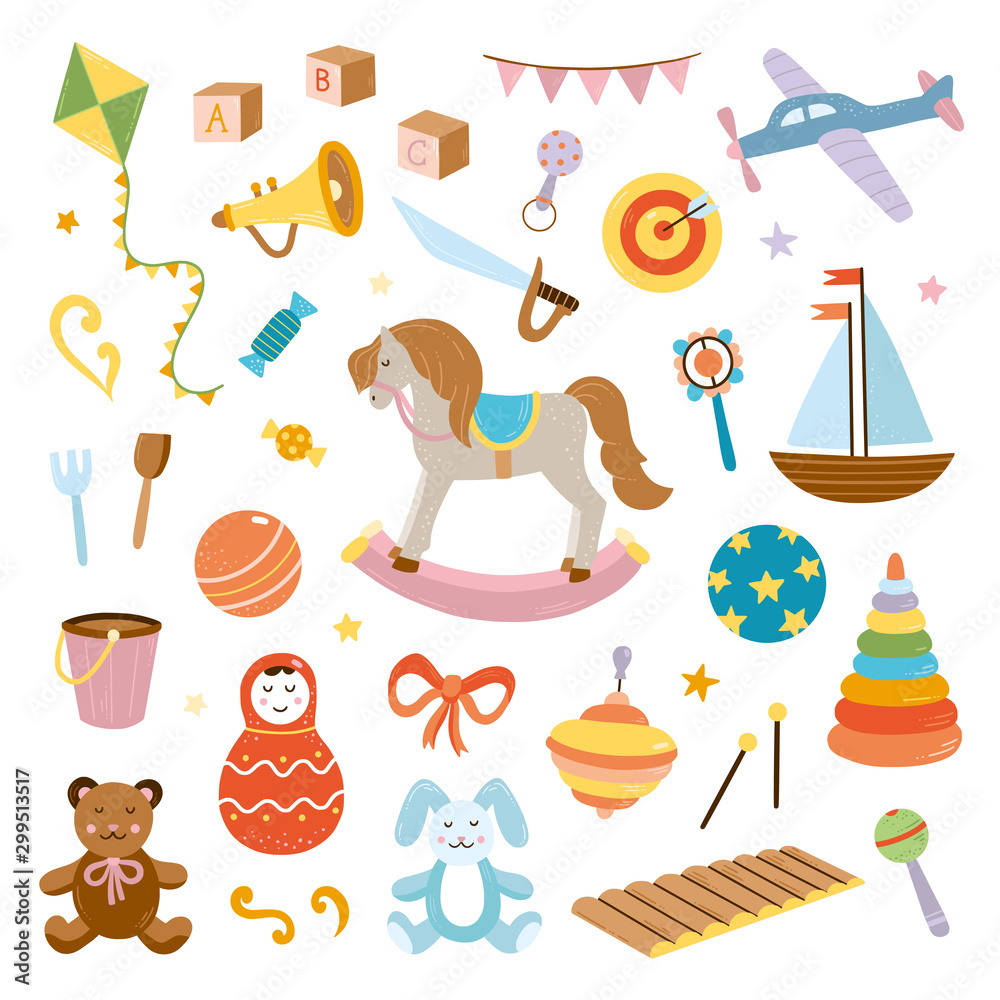 Children toys and kids objects on white background. Cute vintage baby ...