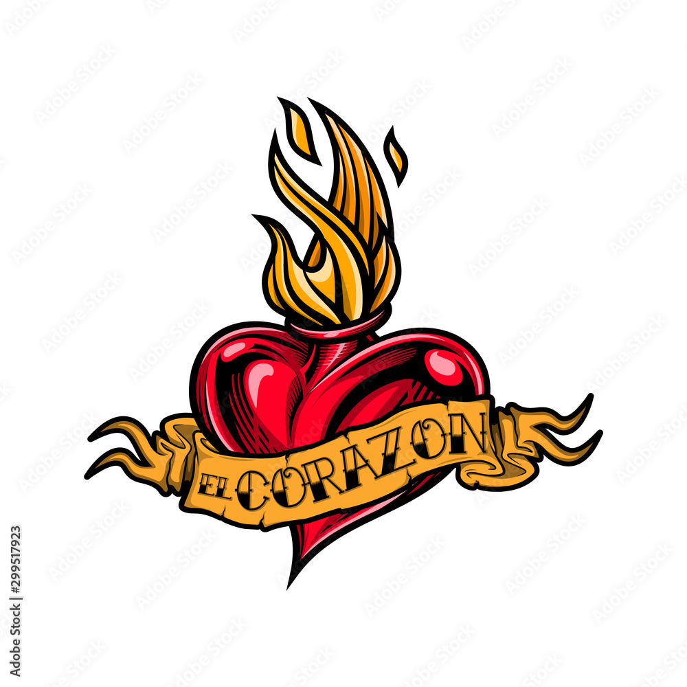 "El Corazon" - poster design. Flaming heart with ribbon in engraving ...