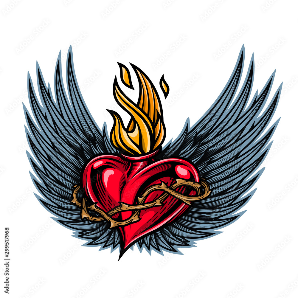 Flaming heart with wings and crown of thorns in engraving technique ...