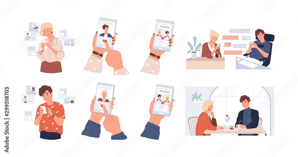 Dating app using vector illustrations set. Meeting website ...