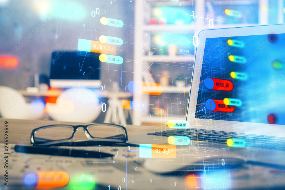 Technology theme drawing and table with computer. Multi exposure ...