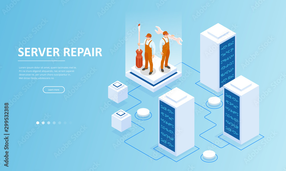 Isometric server under repair. Big data dark server room with server ...