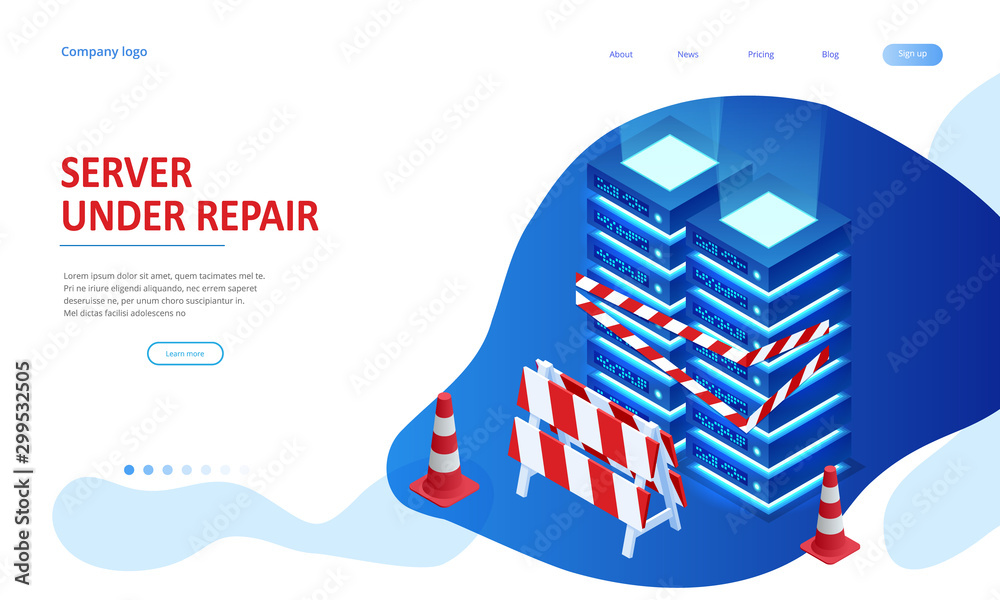 Isometric server under repair. Big data dark server room with server ...