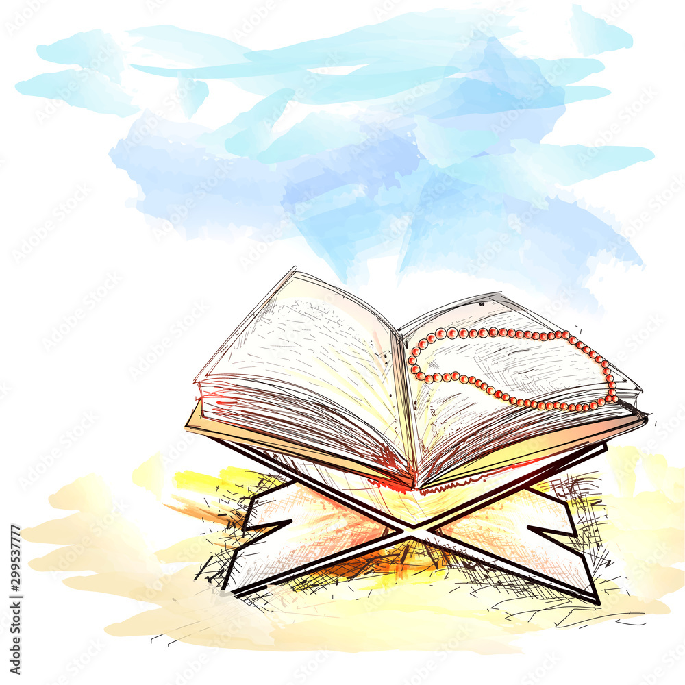Sketch of Islamic Holy Book Quran or Koran with Rosary. Stock Vector ...