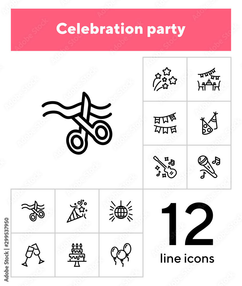 Celebration party line icon set. Ribbon cutting, cake with candles ...