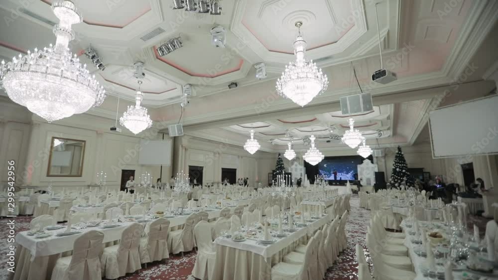 Wonderful big banquet hall with white decoration Stock Video | Adobe Stock