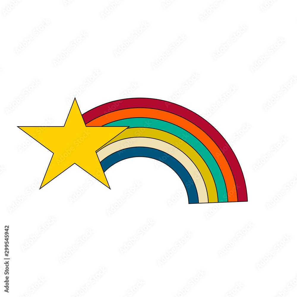 Cartoon linear doodle retro star with rainbow tail isolated on white ...