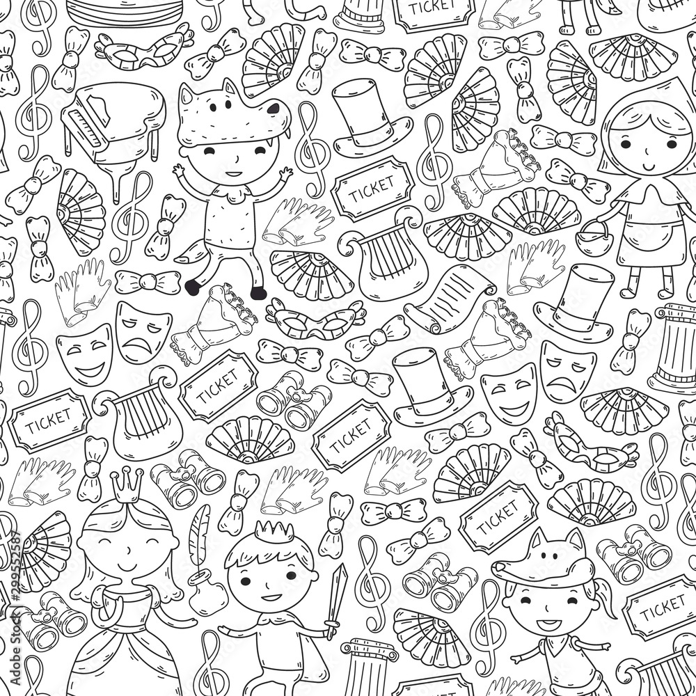 Children theatre patterns. Elements for design on the theatre. Doodles ...