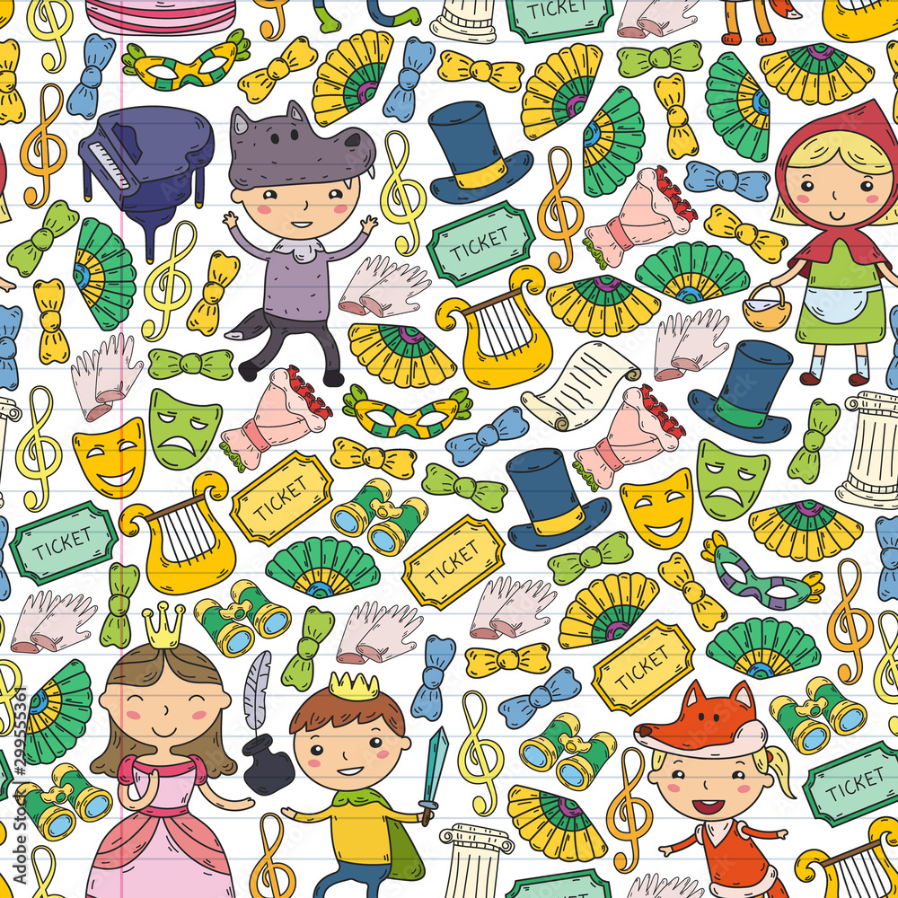 Children theatre patterns. Elements for design on the theatre. Doodles ...