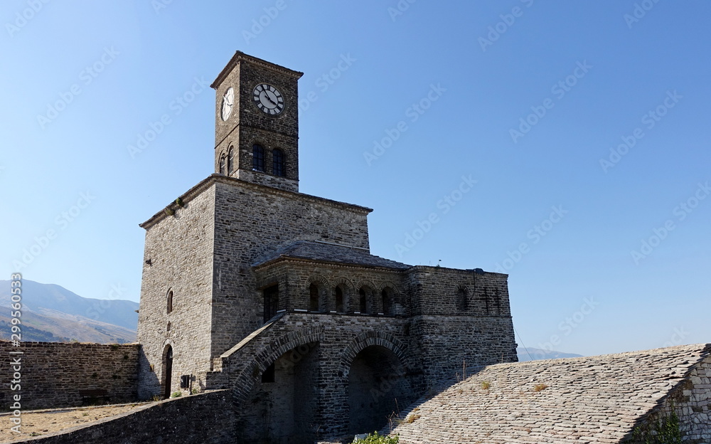 Sahat Kula Clock Tower in a medieval castle-fortress in Gjirokaster ...