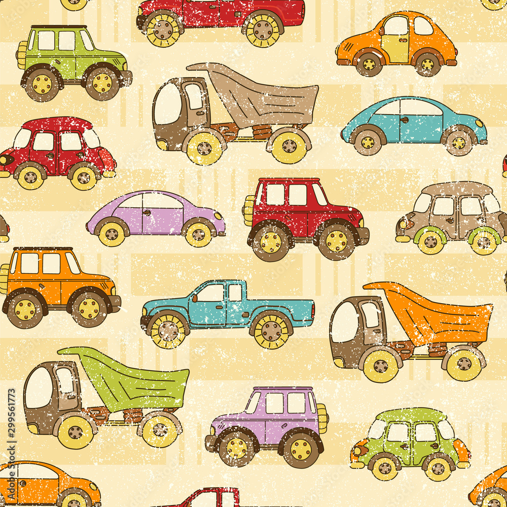 Seamless baby background with colorful retro cartoon car icons Stock ...